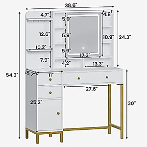 AOGLLATI Makeup Vanity with Lights in 3 Colors, White Vanity Desk with Mirror and Lights, Vanity Table with Charging Station, Makeup Desk with Visible Drawers, Hidden and Open Storage Shelves