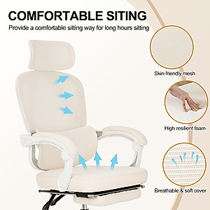 BOWTHY Ergonomic Office Chair with Footrest,Mesh Home Office Desk Chair with Adjustable Lumbar Support & Headrest,90-135 Comfy Reclining Chair,High Back Computer Executive Chair,360 Swivel Task Chair
