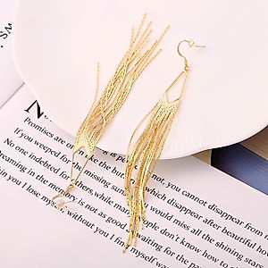 PEARLADA 18K Gold Long Chain Tassel Earrings Simple Hook Jewelry for Women Fashion Sleek Chain Dangle Drop Earrings for Party Linear Fringe Earring