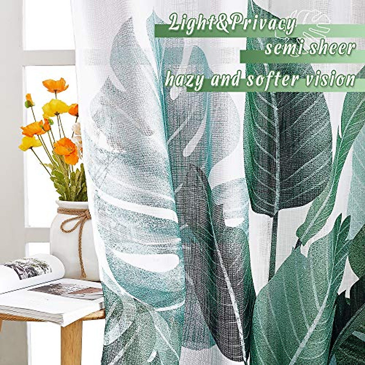 KGORGE Crossweave Sheer Curtains - Tropical Leaves Window Curtains for Bedroom Natural Pattern on White Sheer Backdrops for Dining Room Bathroom Sliding Door, W 50 x L 95 inch, 2 Pcs