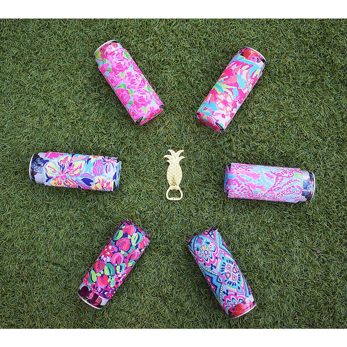 6-Pack Slim Can Neoprene Insulators in Cute Floral Patterns and Pineapple Bottle Opener| Perfect for Insulator for 12oz Tall Drinks Like White Claw, Truly, Red Bull, Spiked Seltzer, Michelob Ultra!