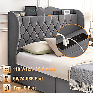 GAOMON Queen Size Bed Frame with 4 Storage Drawers and Charging Station, Velvet Upholstered Platform Bed with Tall Headboard and Storage Shelf, Wooden Slats Support, No Box Spring Needed, Grey