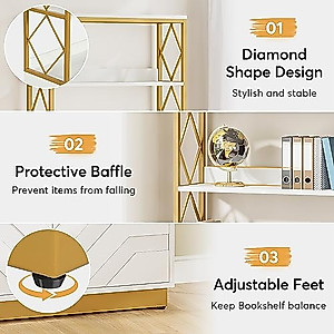 Tribesigns White and Gold Bookshelf with Doors: 70.9 Inches Tall Etagere Bookcase with 3 Shelves 2 Cabinets, Modern Open Display Book Shelves with Metal Frame for Living Room Bedroom Office