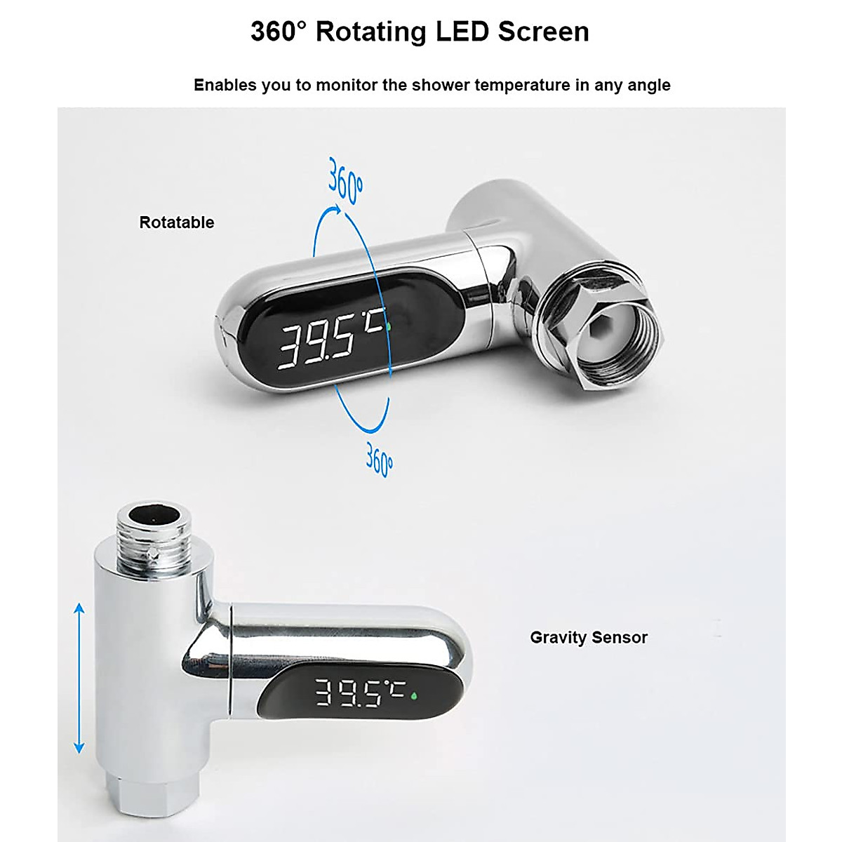 Shower Thermometer Led Digital Display Baby Bath Water Fahrenheit Celsius Thermometer 360°Rotating Screen for Home Bathroom Kitchen (Silver)