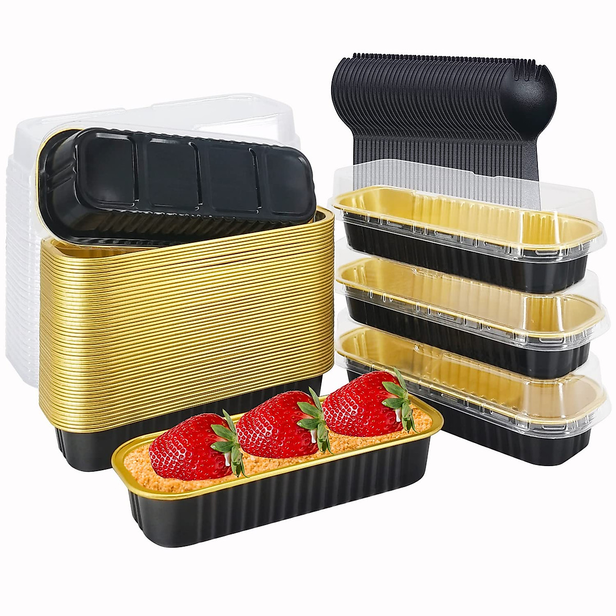 LNYZQUS Aluminum Foil Mini Loaf Pans with Lids 50 Pack, 6.8oz Rectangle Baking Cups Muffin Tins,Disposable Baking Tins Mini Baking Pans Holders -Black In Gold