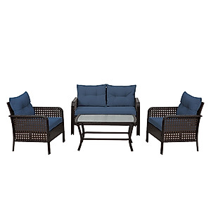 RoyalCraft 4 Pieces Patio Furniture Set, Outdoor Rattan Chair Wicker Conversation Sets with Cushions and Glass Coffee Table, for Porch Balcony Garden Backyard Deck, Brown and Navy