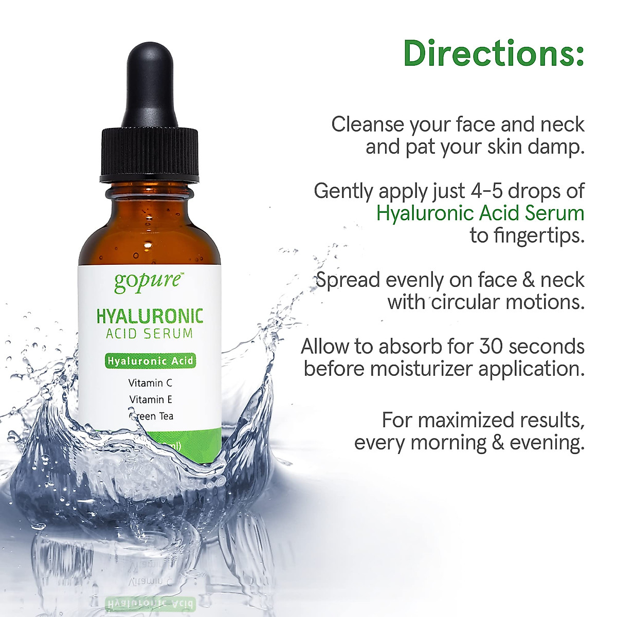 goPure Hyaluronic Acid Serum - Face Serum for Glowing Skin with Vitamin C and E, and Green Tea, Anti-Aging Serum to Visibly Improve Dry and Wrinkled-Looking Skin - 1 fl oz
