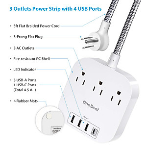 Cruise Power Strip 3 Outlets 4 USB Ports, Flat Plug, 5 Ft Extension Cord Non Surge Portector