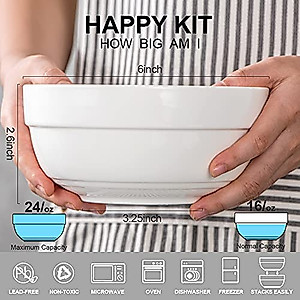 HAPPY KIT 6" 24oz Bowls with Lids, Airtight Food Storage Containers with Lids, Porcelain Soup Bowls Set of 4 for Cereal, Soup, Salad, Rice, or Pasta, Thick-edge Non-slip Design