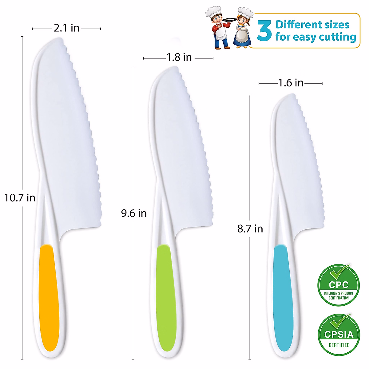 MGS Kids Knife Set of 3 for Cooking and Cutting Cakes, Fruits and Veggies Perfectly Safe for Kids Toddler Knife Set for Real Cooking