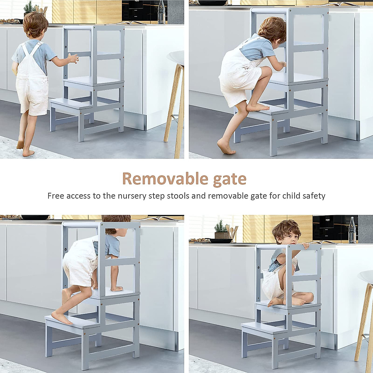 Toddler Tower, Kids Step Stool, Kitchen Helper Step Stool for Kids and Toddlers, 2 Steps Stool with Safety Rail, Wooden/ 40x48.5x90cm/ Grey