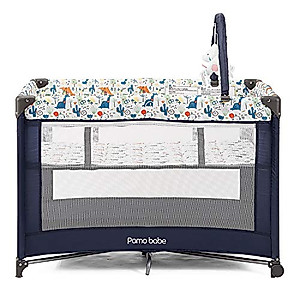 Pamo Babe Portable Playard,Sturdy Playard with Padded Mat and Toy bar with Soft Toys