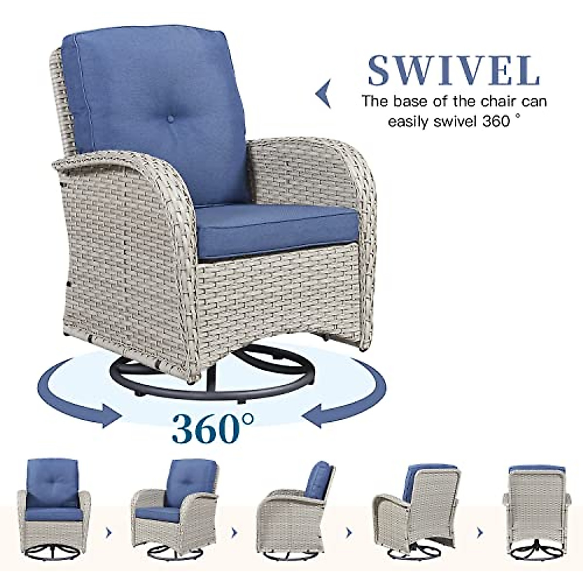 Belord Patio Swviel Glider Chairs Outdoor Swivel Rocker, Small Patio Bistro Set 3 Pieces Wicker Patio Furniture Sets, Swivel Patio Chairs Set of 2 with Tempered Glass Side Table, Blue Cushion