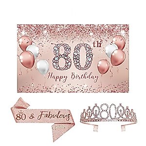 Trgowaul 80th Birthday Decorations for Women, Rose Gold 80th Birthday Backdrop Banner, 80 & Fabulous Sash, 80th Birthday Tiara Crown, Pink Party Supplies, Happy 80 Year Old Birthday Ideas Favor