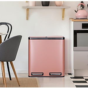 Arlopu 8 Gallon Dual Trash Can, 30L Stainless Steel Kitchen Garbage Can, Step-on Classified Recycle Garbage Bin with Removable Inner Buckets, for Kitchen, Living Room, Office (Pink)