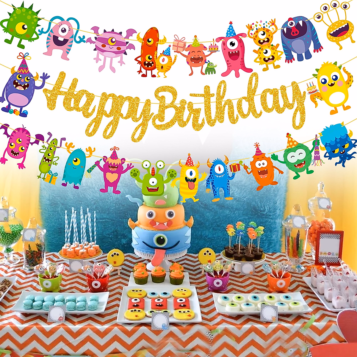 Monster Happy Birthday Banner Monster Bash Birthday Party Supplies Glitter Little Monster Birthday Banner Decorations for Kids Little Monster Theme Birthday Party Baby Shower Birthday Banner Supplies