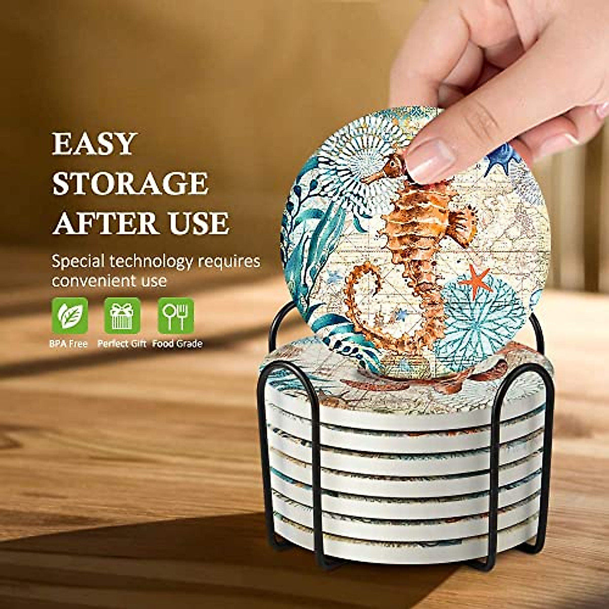 Absorbent Coasters Stone Coaster Set of 8, Cork Base, with Holder, RayPard Beach Theme Sea Life Coastal Coasters for Housewarming Apartment Kitchen Room Bar Decor ,Ocean Life(Black Holder)