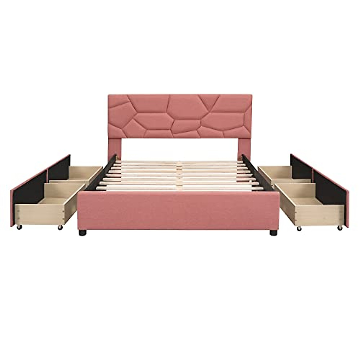 DNYN Full Size Upholstered Platform Bed with Storage for Kids,Adult Bedroom,Solid Wood Bedframe Linen Fabric Home Furniute w/4 Drawers & Brick Pattern Heardboard & No Box Spring Needed, Pink