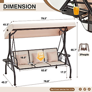 HOMREST Outdoor Porch Swing with Adjustable Canopy, Backrest, 3-Person Patio Canopy Swing Textilene Bed with Side Cup Holder, Pillow for Garden, Deck, Back Yard, Lawn (Khaki)