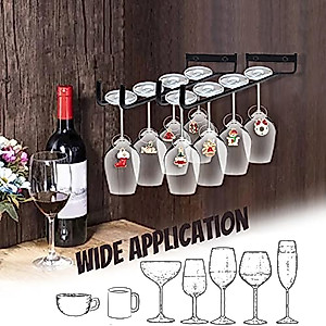 Oppro 4 Pack Wine Glass Holder, Metal Wall Mounted Glass Rack Holds 16 Red Wine Glass with Screws and 8pcs Wine Charms, Multifunctional Iron Hanging Storage Rack Under Cabinet, Black 4 Rows