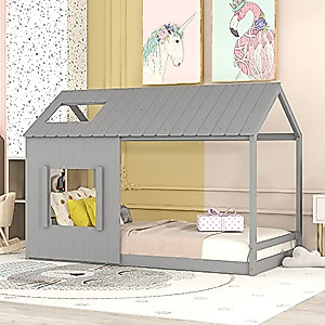 VilroCaz Playhouse Design Montessori Floor Bed Twin Size Kids Bed, Wood House Bed Tent Bed Platform Bed with Roof and Window for Kids Girls Boys, Strong Sturdy Wood Slats Support