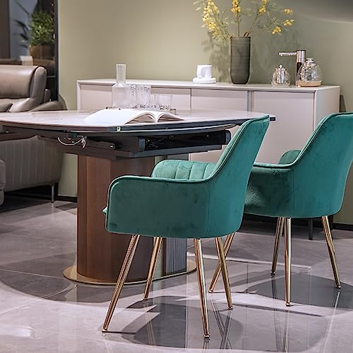 Purgreen Velvet Dining Chair Set of 2 - Modern Mid-Back Accent Chair with Gold Plating Legs - Upholstered Living Room Chair (Velvet Green, Set of 2)