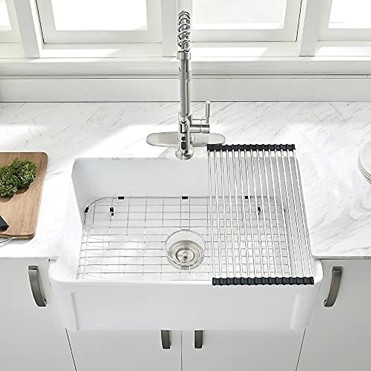 Farmhouse Sink - VOKIM 30 Inch Fireclay White Farmhouse Sink Deep Apron Front Kitchen Sink Single Bowl Handcrafted Farm Sink