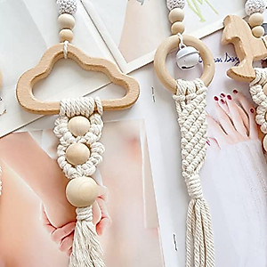 Beavorty 4Pcs Baby Wooden Gym Teething Rings with Tassels Macrame Fitness Woven Crib Hanging Rattles Pendants Toys Crib Hanging Ornaments