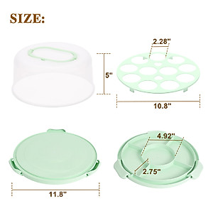 Cake Carrier with Lid and Handle, Cake Stand Cupcake Containers for 10 inch Cake with 2 Handles Cupcake Holder, 3 in 1 Transport Container Boxes for Cake Pie Muffin Pizza，Green Portable Cake Carriers
