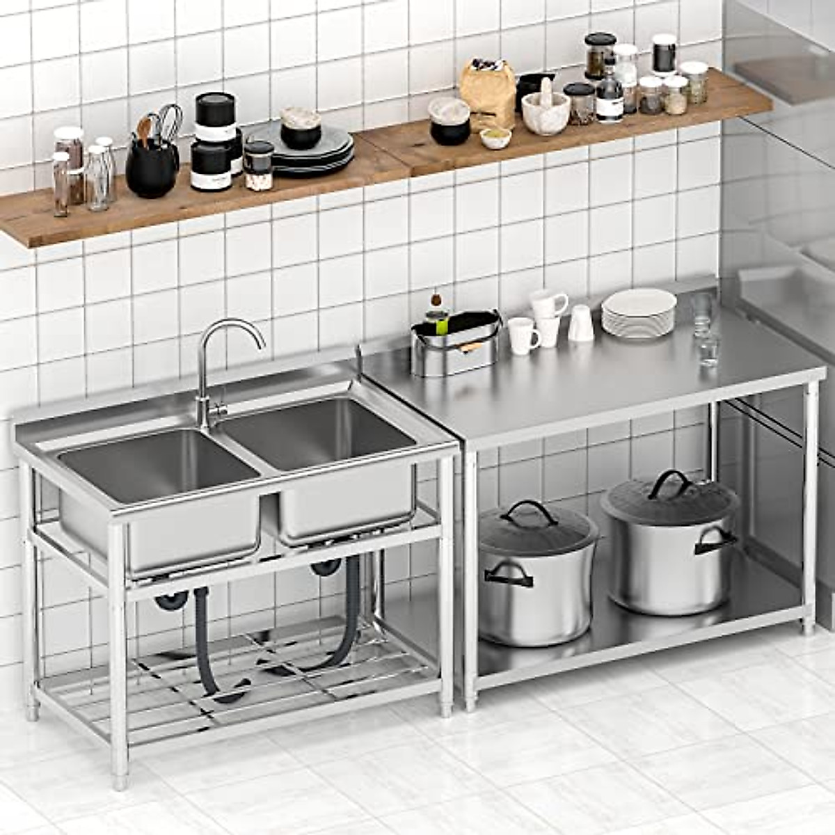 GGW Stainless Steel Table for Prep & Work 48 x 25, Heavy Duty Commercial Work Table with Undershelf and Backsplash, Metal Prep Table for Outdoor, Indoor, Commercial Restaurant, Kitchen, Cafe, Hotel