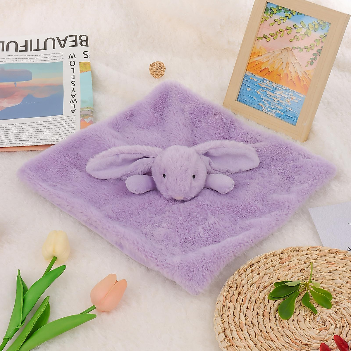 Apricot Lamb Stuffed Animals Purple Bunny Rabbit Security Blanket Infant Nursery Character Blanket Luxury Snuggler Plush Baby Lovey(Purple Bunny, 13 Inches)