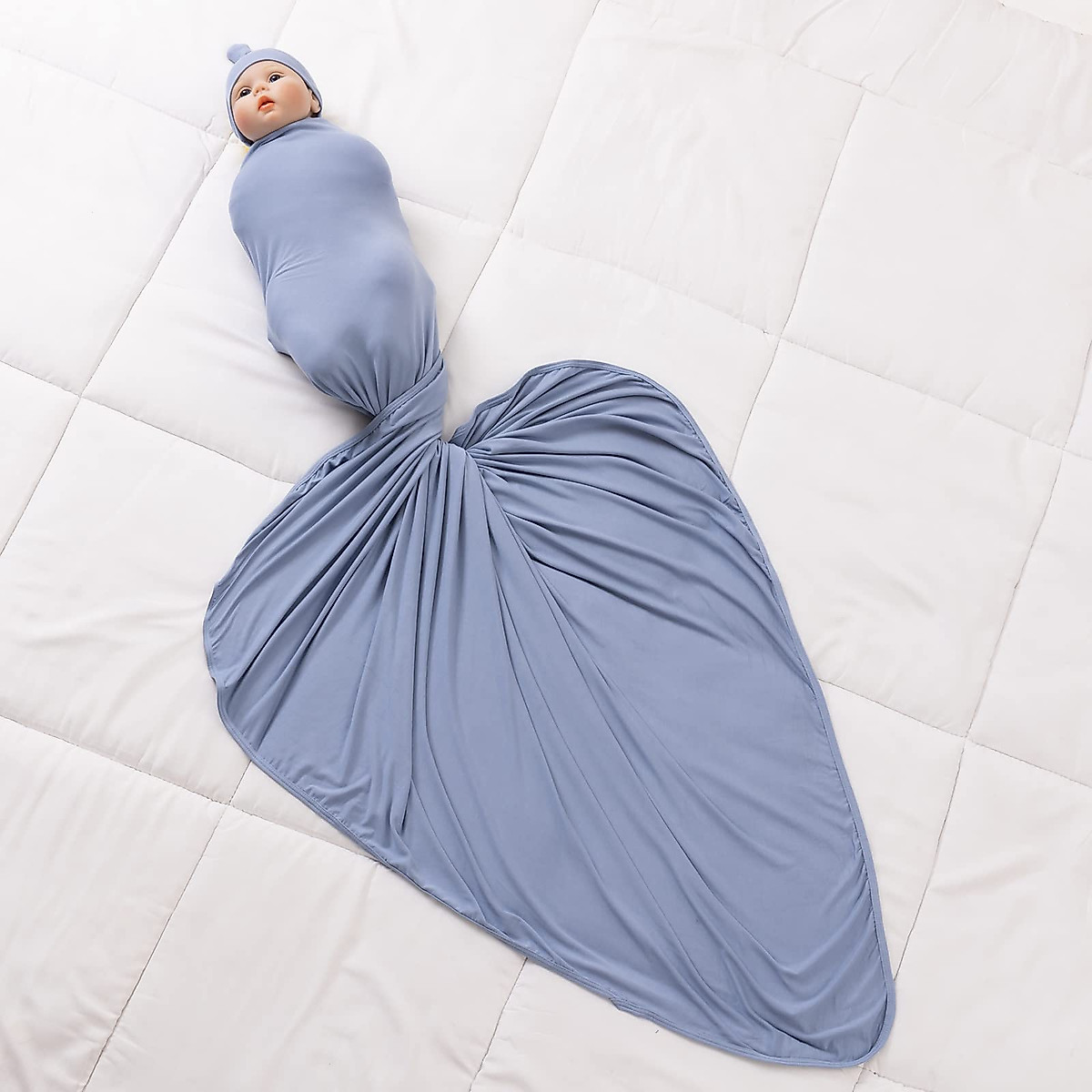 Bayceen Large Jersey Knitted Swaddle Blanket for Baby, Soft Stretchy Receiving Blanket for Newborns with Hat, Large 47 x 47 inches (Steel Blue)