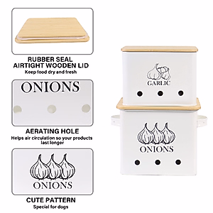 Gdfjiy Onion Garlic Storage Bin, Kitchen Vegetable Storage Tin, Set of 2 for Onion & Garlic with Wooden Lid and Aerating Holes, Kitchen Storage Canisters Set, Long Shelf Life - White