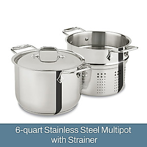 All-Clad Specialty Stainless Steel Stockpot, Multi-Pot with Strainer 3 Piece, 6 Quart Induction Oven Broiler Safe 500F Strainer, Pasta Strainer with Handle, Pots and Pans Silver