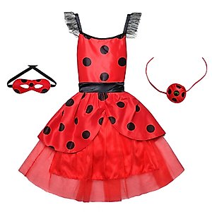 Oilzorr Ladybug Dress Costume for Girls with eye mask and Bag for Birthday Gifts Halloween Christmas 3Pcs Sets(2-4/100)