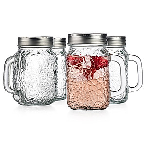 Glaver's Mason Jar Cups 16Oz – Set of 4 Mason Jars with Lids and Handles – Hammered Style Large Mason Cups for Parties, Dinner, Home, Lemonade, Smoothies, Cocktails, Drinks - Dishwasher Safe.