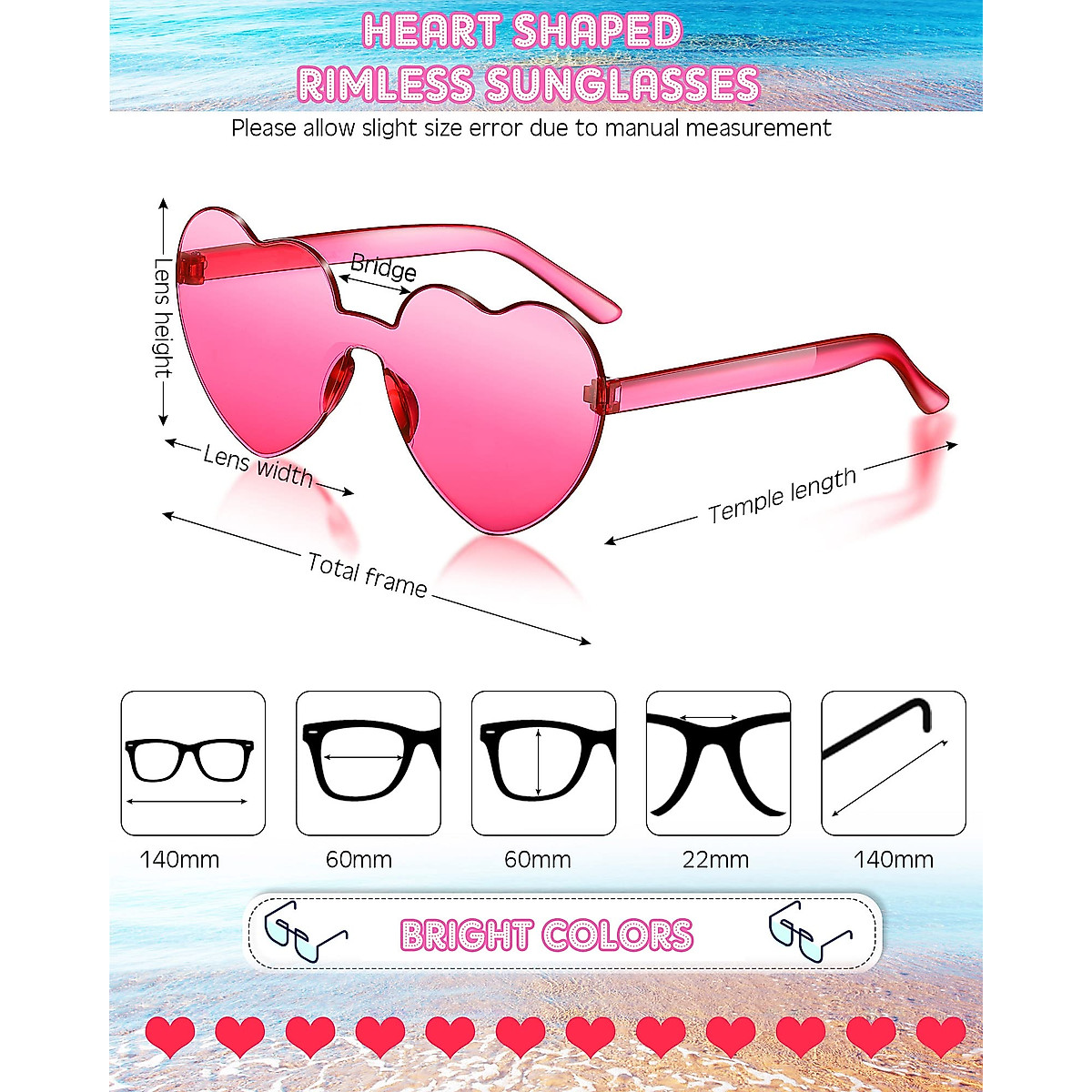 Photect 12 Pair Graduation Gift Heart Shaped Sunglasses Rimless Candy Color Glasses for Women Men Summer Party Favor(Rose Color)