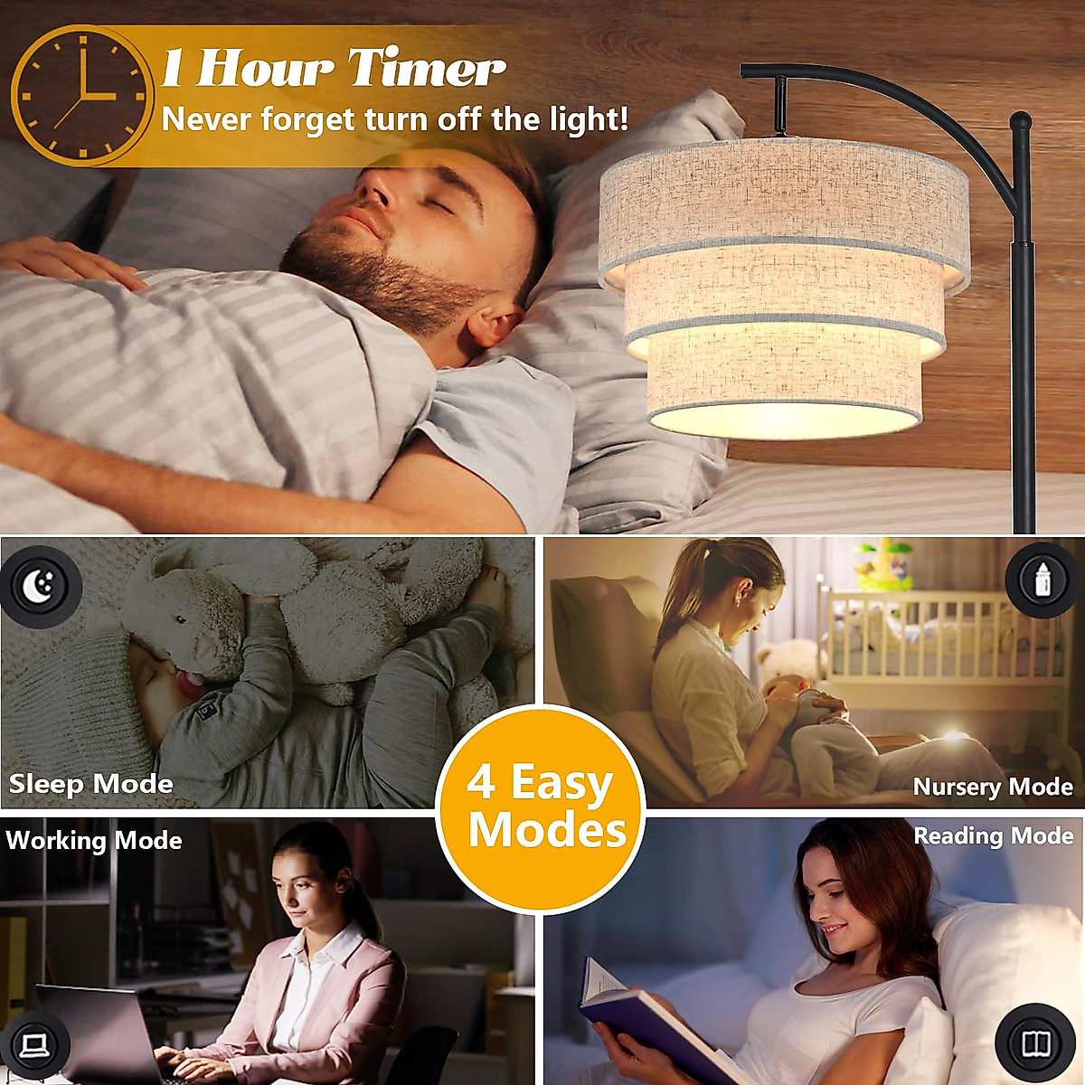 【Upgraded】Remote Control Arc Floor Lamp Stepless Dimmable 3 Color Temperature, Black Tall Pole Lamp, Modern Standing Lamps for Living Room, Bedrooms, Office, Unique 3-Layer Lampshade(Bulb Included)