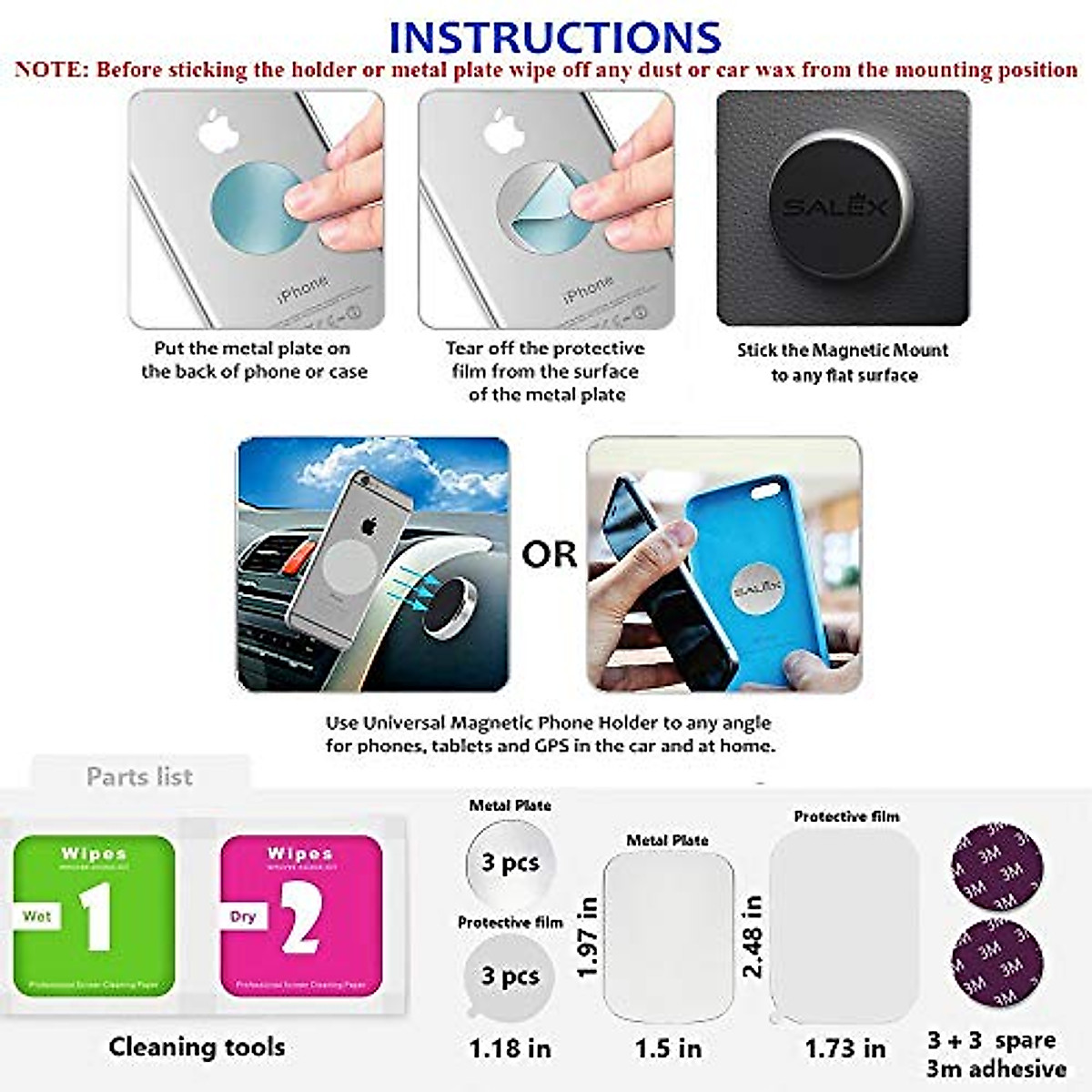 SALEX Flat Magnetic Mounts 3 Pack with 3M Adhesive. Gold Cell Phone Holder Stick on Car Dashboard, Wall, Mirror. Universal Low Profile Magnet Kit for Tablets, Smartphones with Cases up to 13 inches.