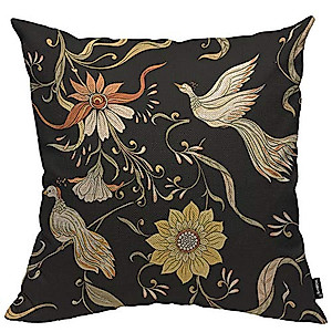 HOSNYE Flowers and Birds Throw Pillow Cushion CoversArt Nouveau Style Vintage Old Retro Style Decorative Square Accent Pillow Case 18 x18 inch