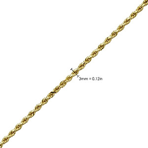 14K Yellow Gold 3mm 26" Solid Diamond Cut Rope Chain Necklace with Lobster Lock