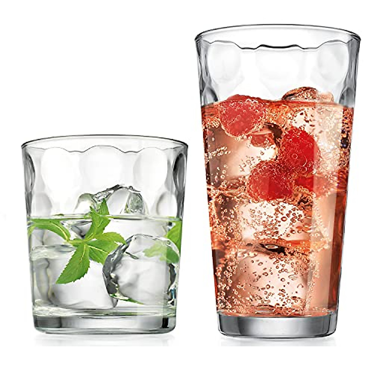Home Essentials & Beyond Drinking Glasses Set Of 16 8 Highball Glasses (17 oz.), 8 Rocks Whiskey Glass cups (13 oz.), Inner Circular Lensed Glass Cups for Water, Juice and Cocktails.