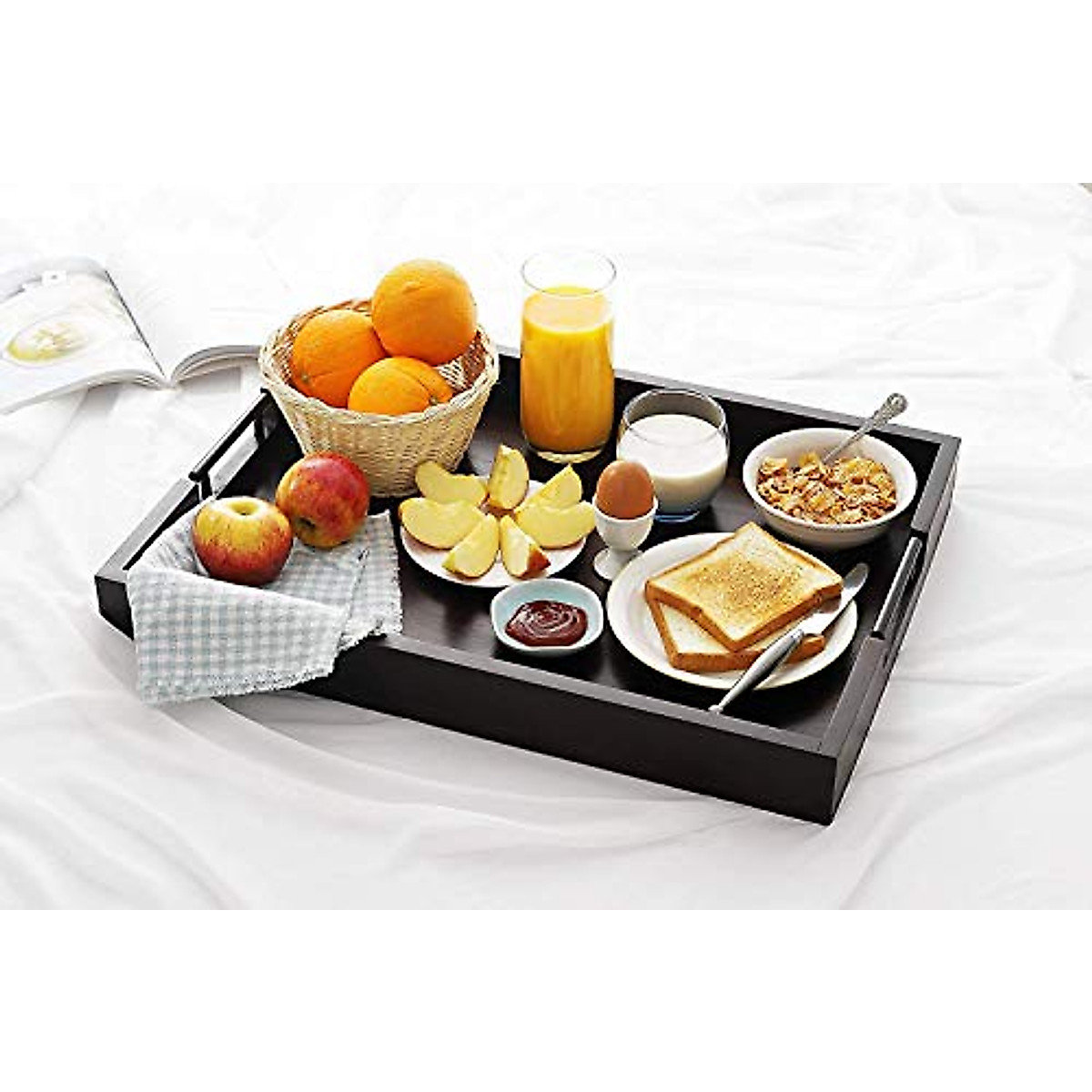 Ottoman Tray, 16.5x12.5 Acacia Wood Serving Tray with Black Metal Handles, Great for Ottoman Tray, Food Tray, Breakfast Tray, Eating Tray…