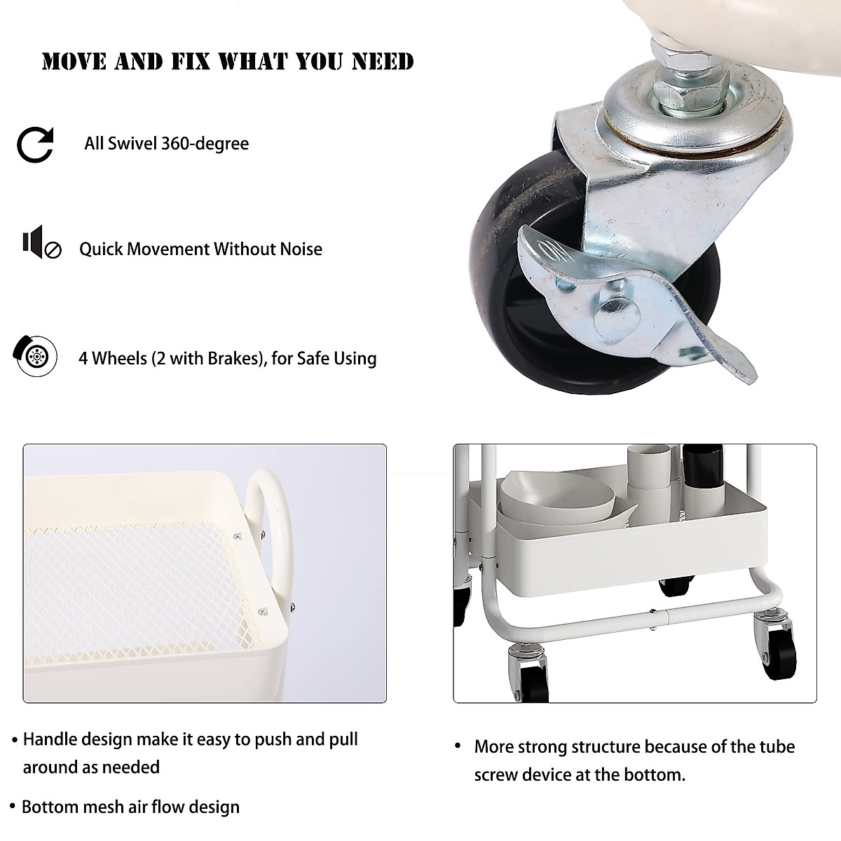 MIOCASA 4-Tier Metal Utility Rolling Cart, Heavy Duty Multifunction Cart with Lockable Casters, Easy to Assemble, Suitable for Office, Bathroom, Kitchen, Garden (White)