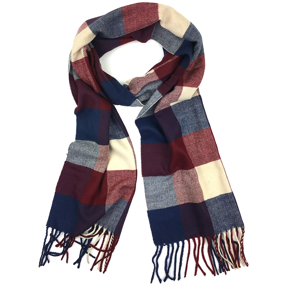 Plum Feathers Plaid Check and Solid Cashmere Feel Winter Scarf (Burgundy-Navy-Beige Check)