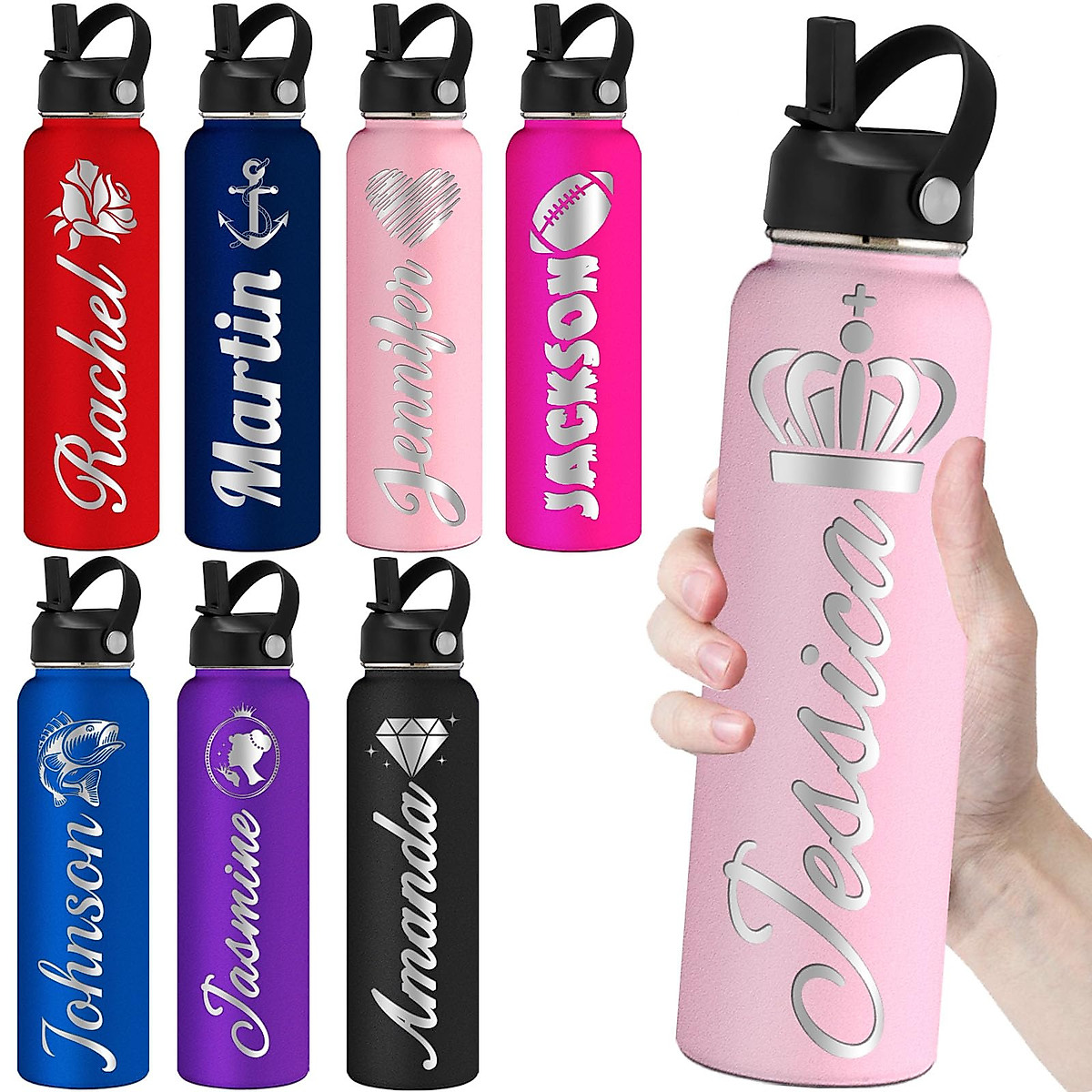 kioskbanks Personalized Water Bottles with Straw 24oz Custom Engraved Water Bottle for School Customized Name Double Wall Insulated-Pink