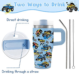 14 oz Monster Truck Tumbler with Handle and Straw for Kids, Insulated Stainless Steel Travel Mug for Toddlers Boys, Vacuum Leak Proof Reusable Tumbler, Birthday Gifts for Boys