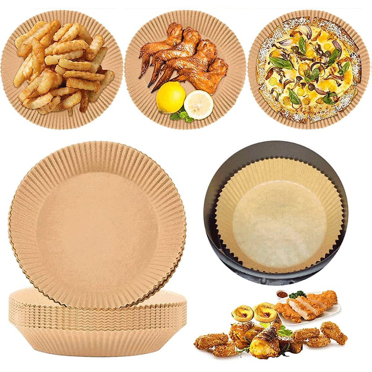 Air fryer disposable paper,Round Parchment Cooking Non-Stick,100pcs Roasting Food Grade Paper for Air Fryer,Baking, Cooking, Microwave ,Oil-proof,Water-proof (large)