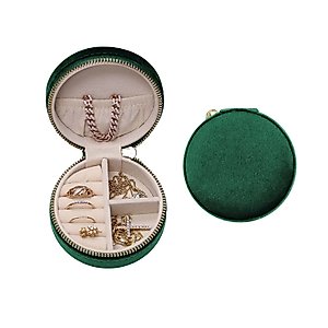 BLUTETE Velvet Travel Jewelry Case Small Round Travel Jewelry Organizer Jewelry Accessory Storage Case Gift Jewelry Box (Forest Green/Round)