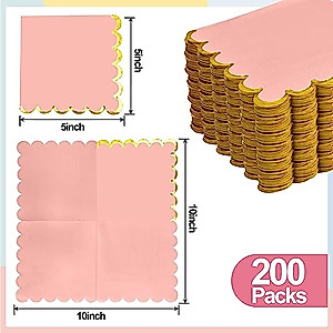 200 Pack Pink Paper Napkins Gold Foil Scalloped Cocktail Napkins Pink Disposable Beverage Napkins for Pink Themed Party Supplies Birthday Baby Shower Wedding Dinnerware Tableware Decorations
